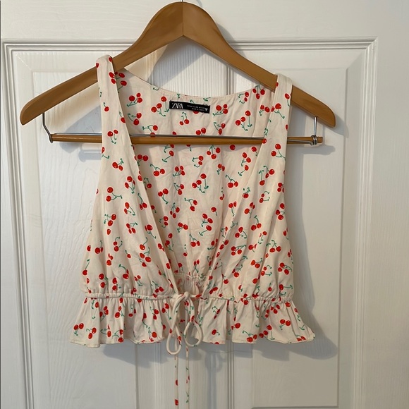 Zara | Tops | Zara Cherry Print Crop Top White And Red | Poshmark